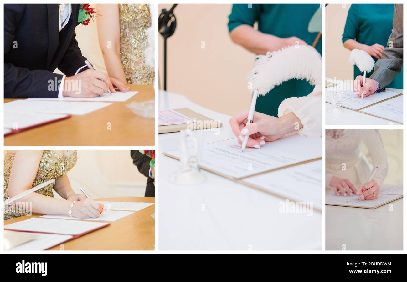 Wedding registration process. Bride and groom sign in the registration ...