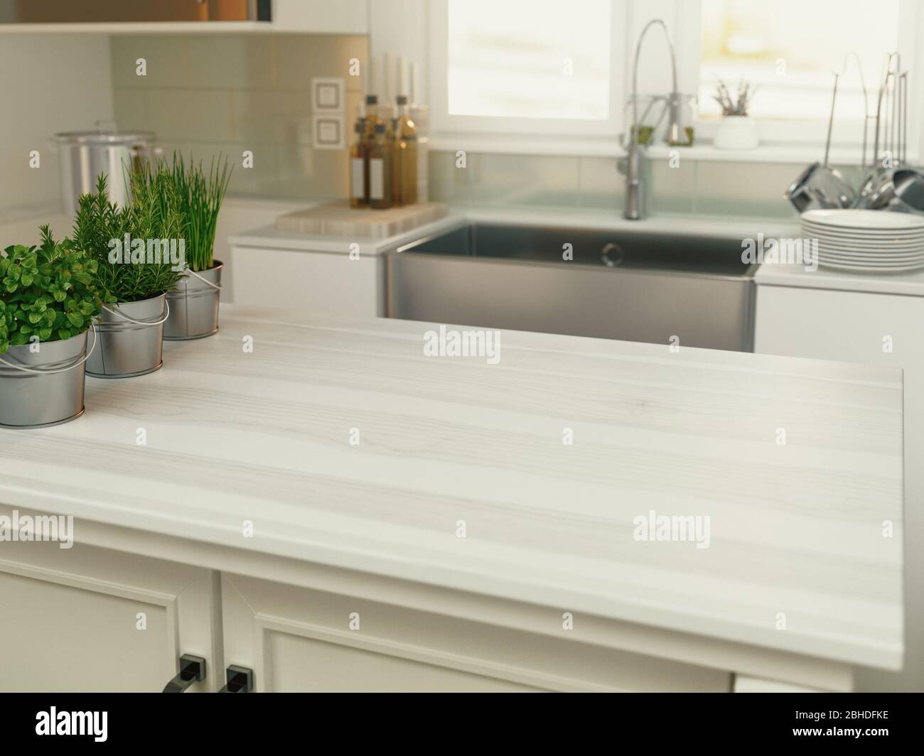 Kitchen countertop. Luxury Modern bright kitchen, 3d rendering Stock ...