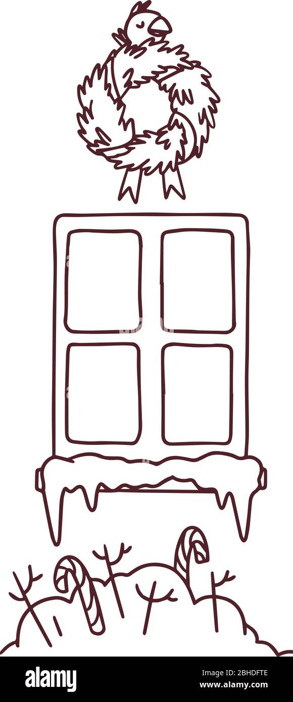 Outline winter snowy house window with wreath and snowdrift with ...