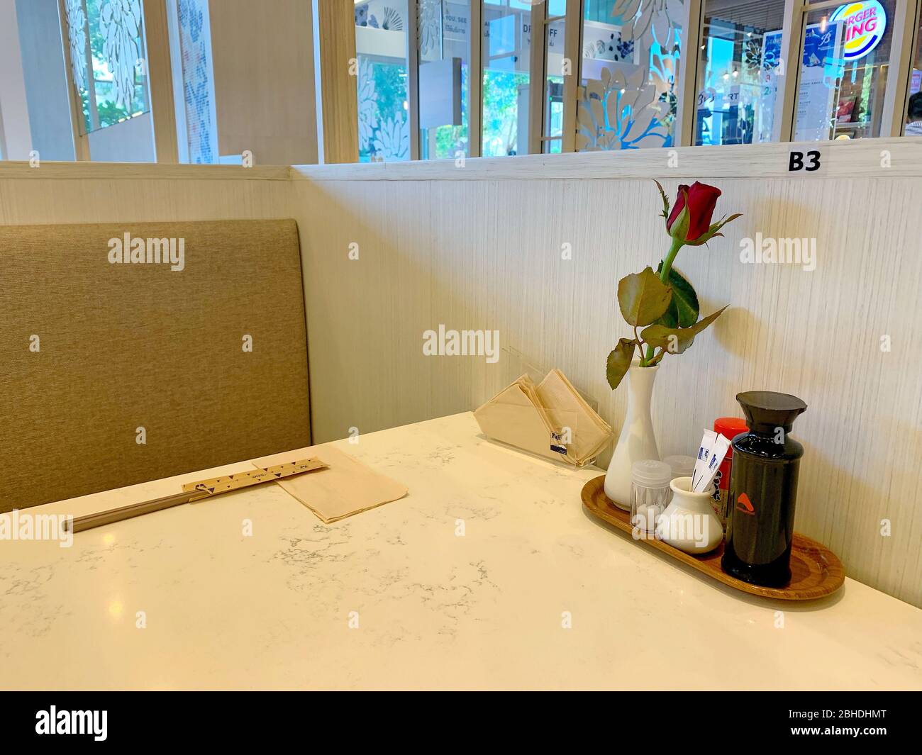 The empty table in Fuji restaurant with beautiful rose in Blueport ...