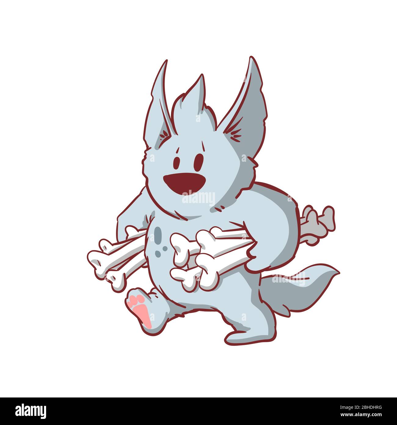 Colorful vector illustration of a tiny baby werewolf, carrying bones ...