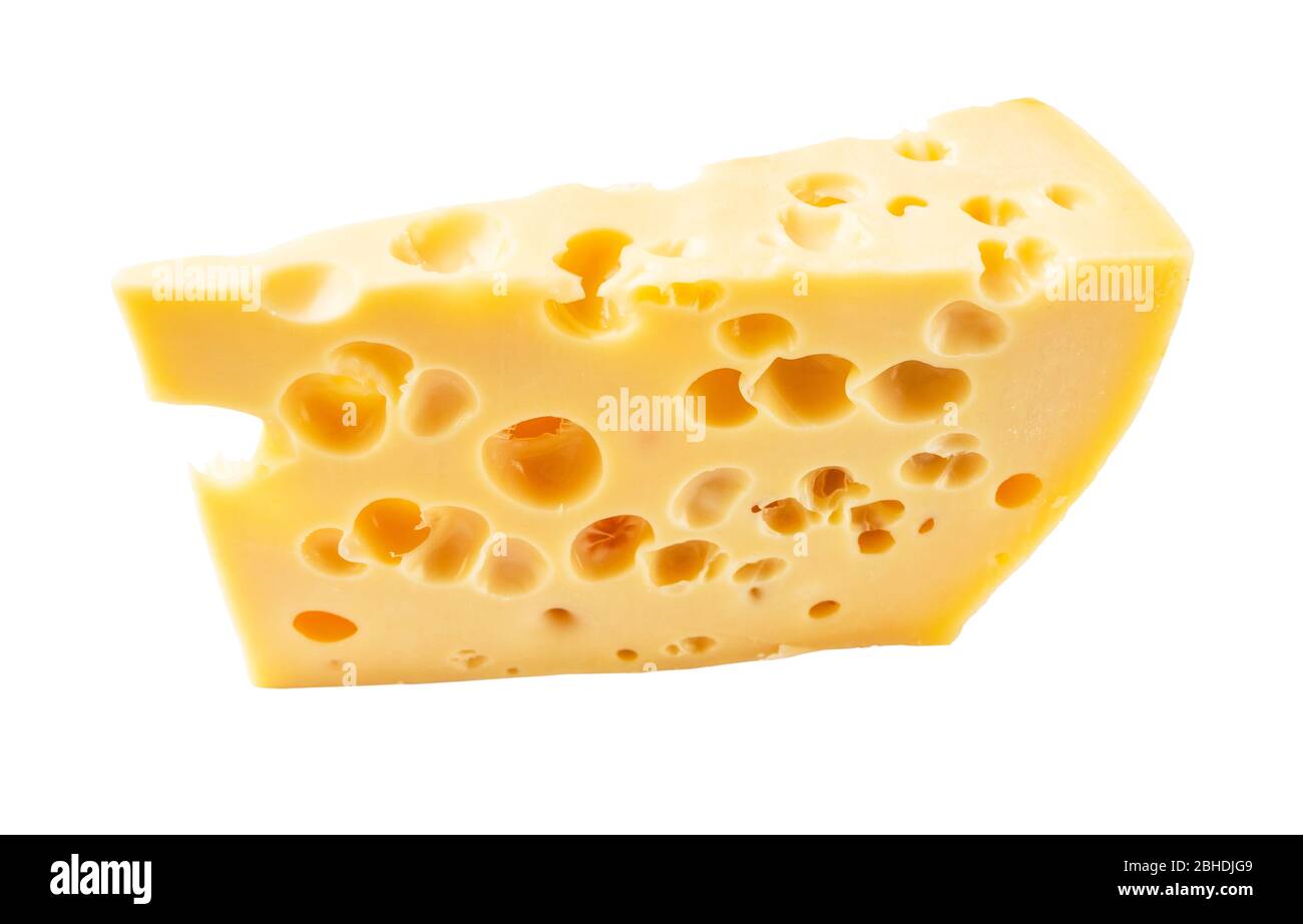 triangular chunk of yellow cow's milk swiss cheese with holes cutout on ...