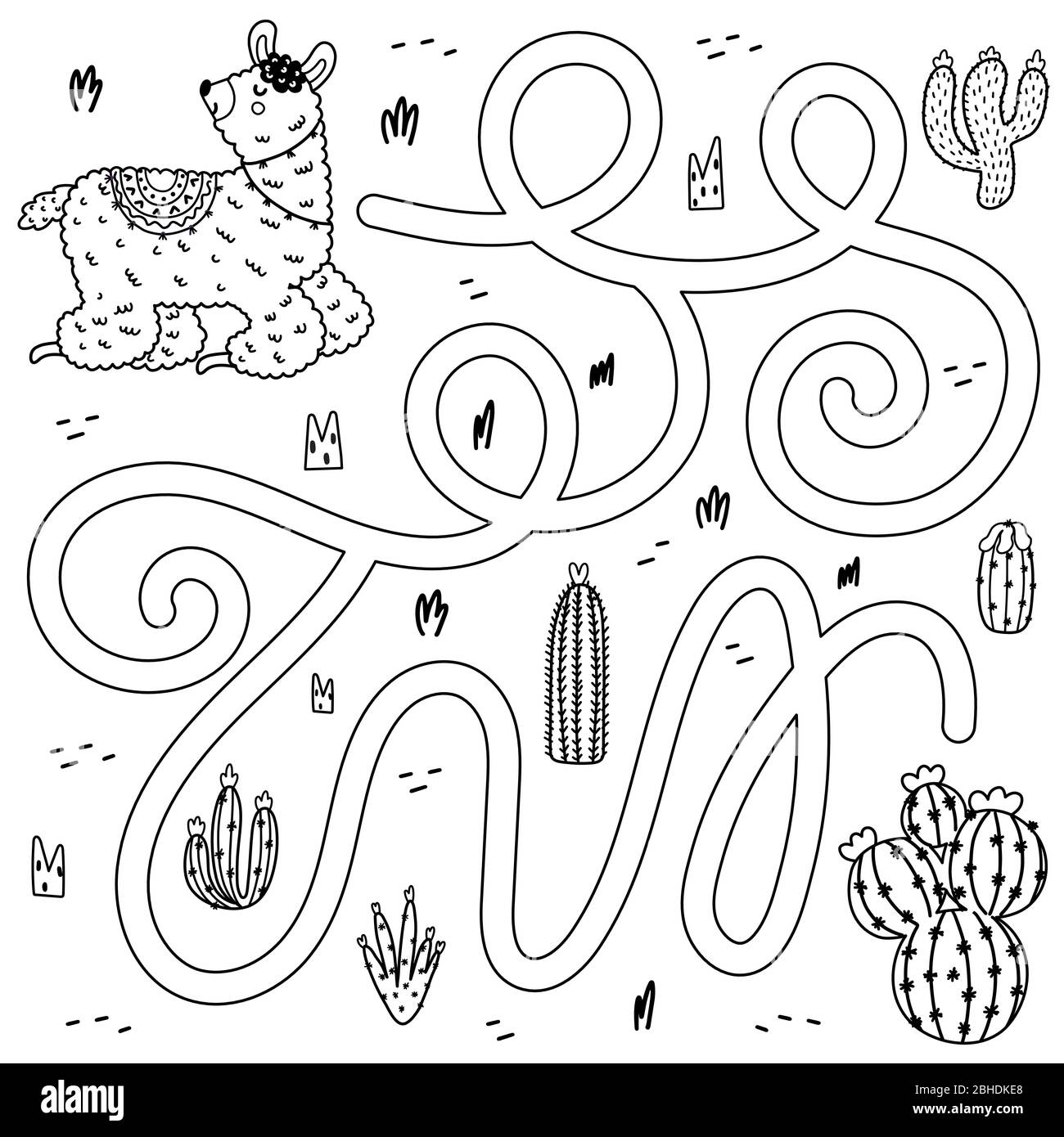 Help the llama find the way to cactus. Black and white maze game for ...