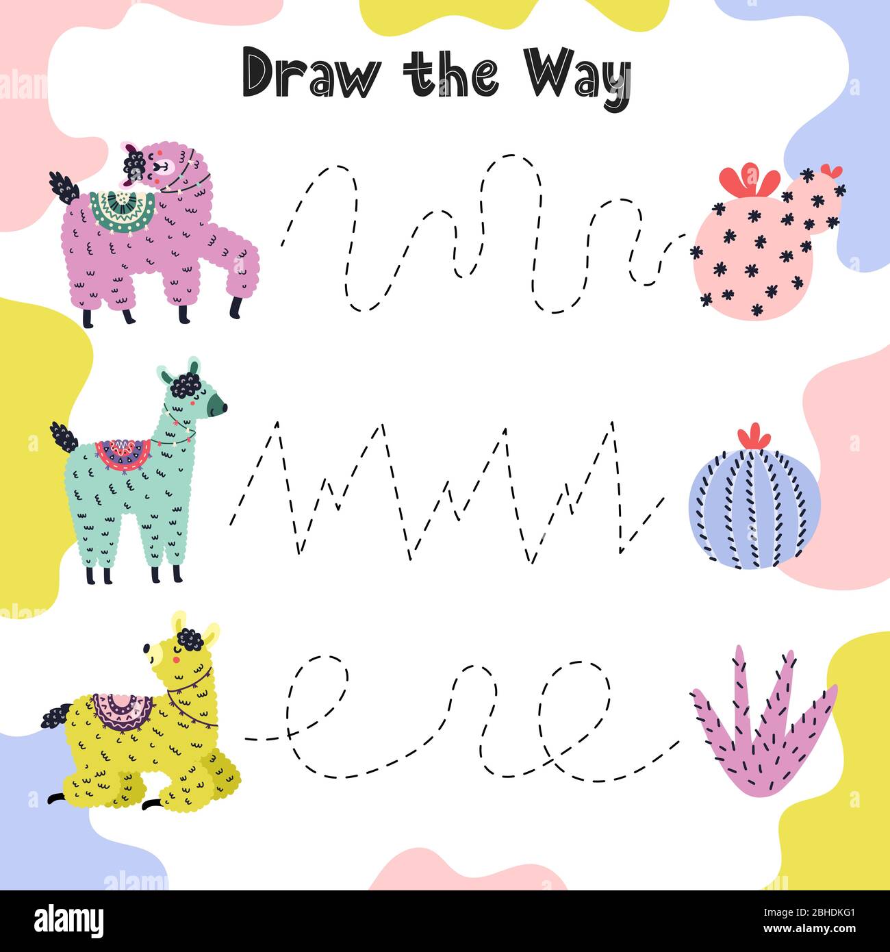 Draw the line from llama to cacti. Funny tracing practice Stock Vector ...