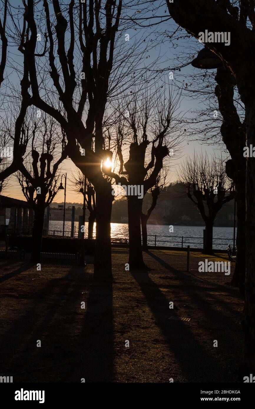 Lakefront at sunset, Lago Maggiore, Angera, Varese, Lombardia, Italy ...