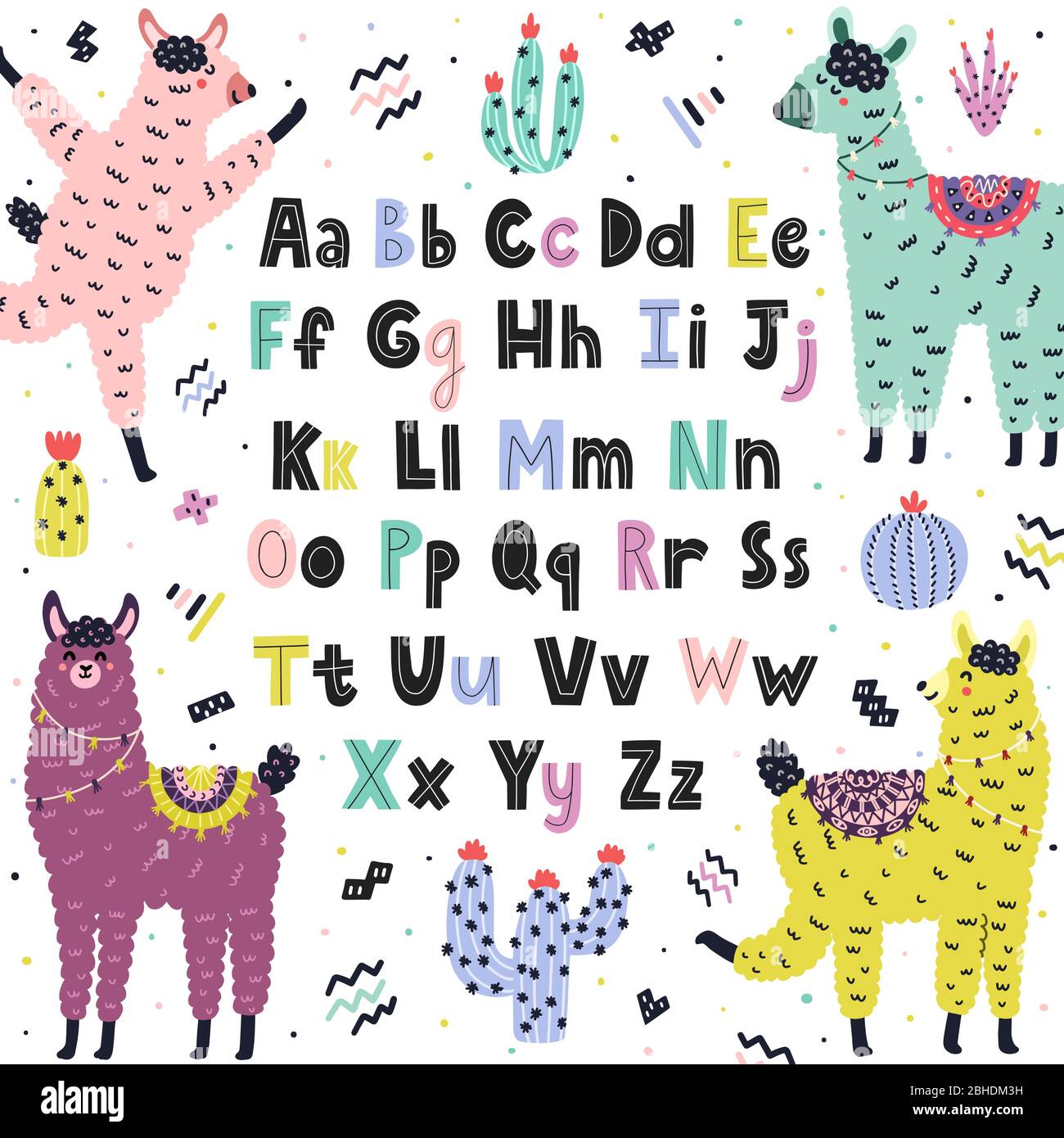 English alphabet with cute llamas. Educational poster for kids with ...