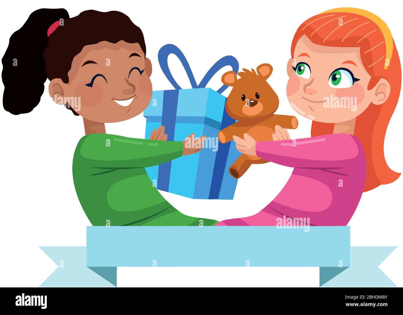 cute little girls with gift and heart characters Stock Vector Image ...