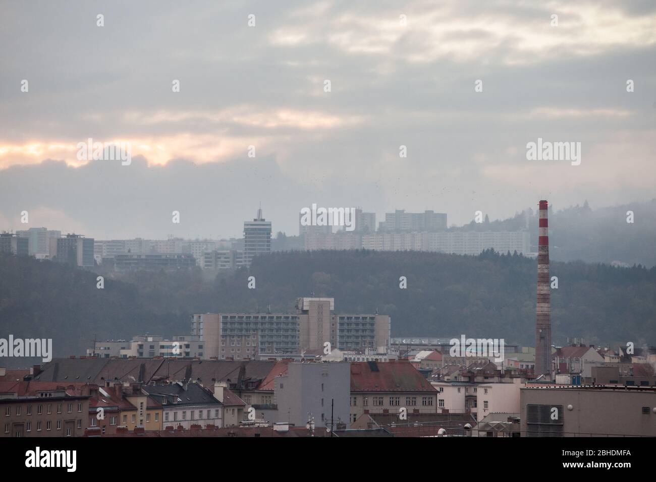 Panorama of Czech brutalist buildings, called Panelaky, in the suburbs ...