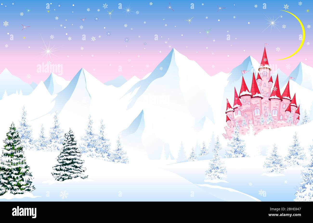 Winter landscape with a pink princess castle. Cartoon pink castle on a ...