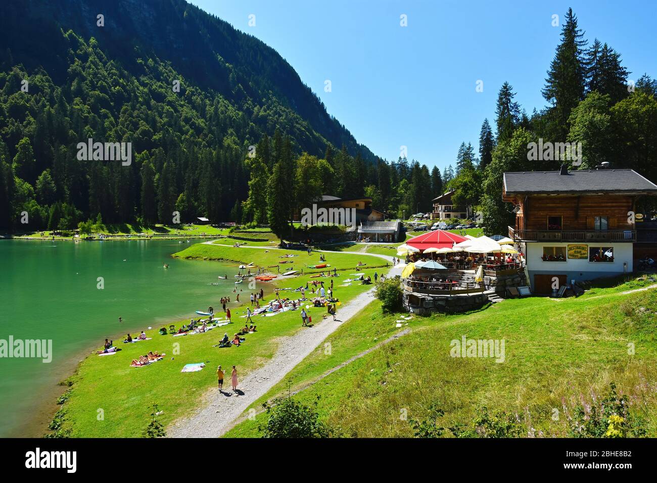 Montriond, France - August, 8, 2019. Lake of Montriond, natural lake in ...