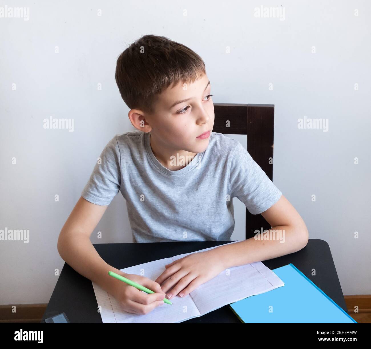 A schoolboy boy studies at home and does school homework. A home ...