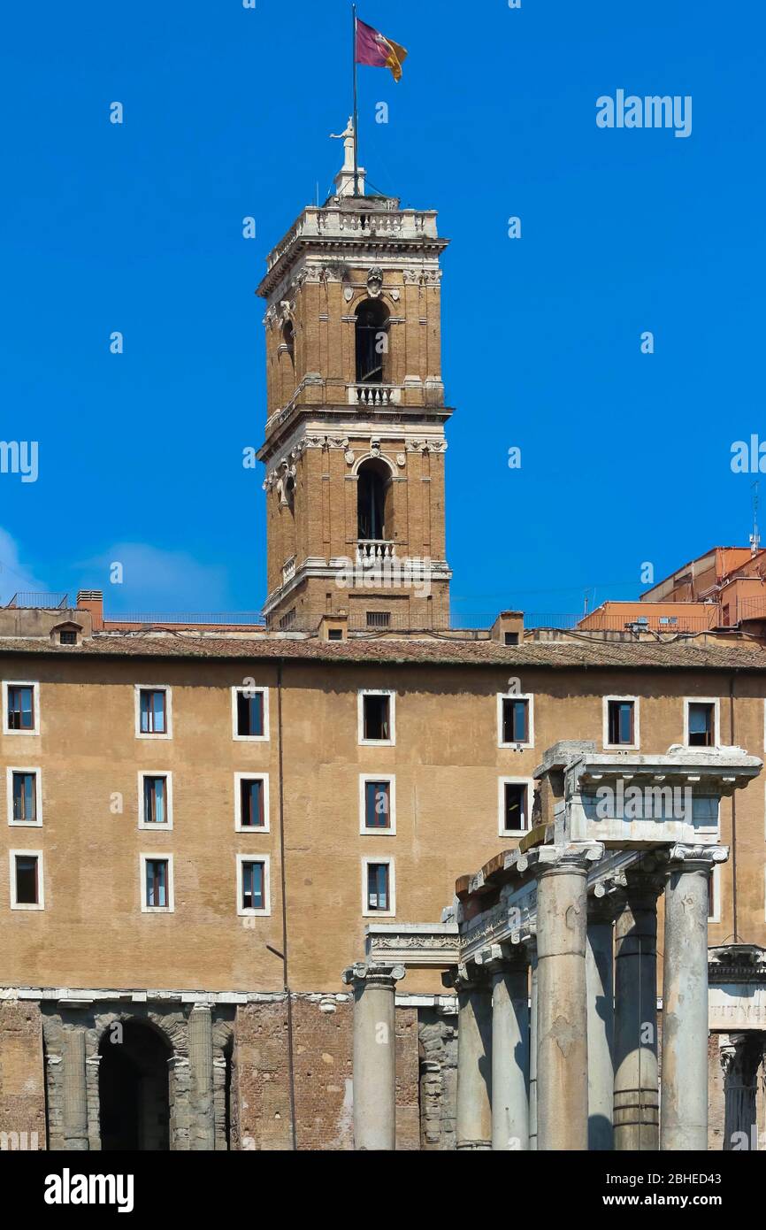 town hall of Rome with clock tower located on Capitolline hill Stock ...