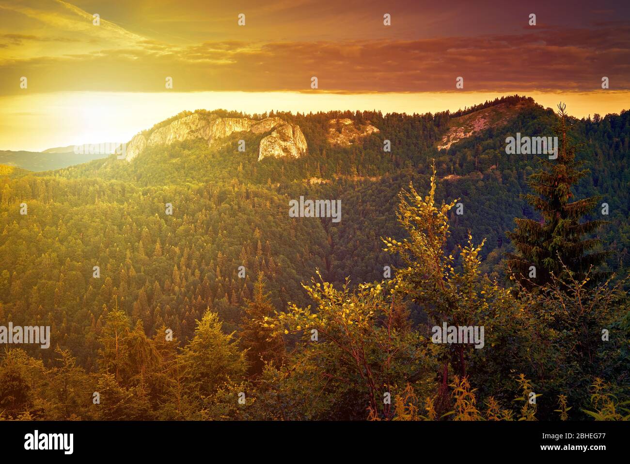 Landscape with sun setting in the mountains covered in forests Stock ...