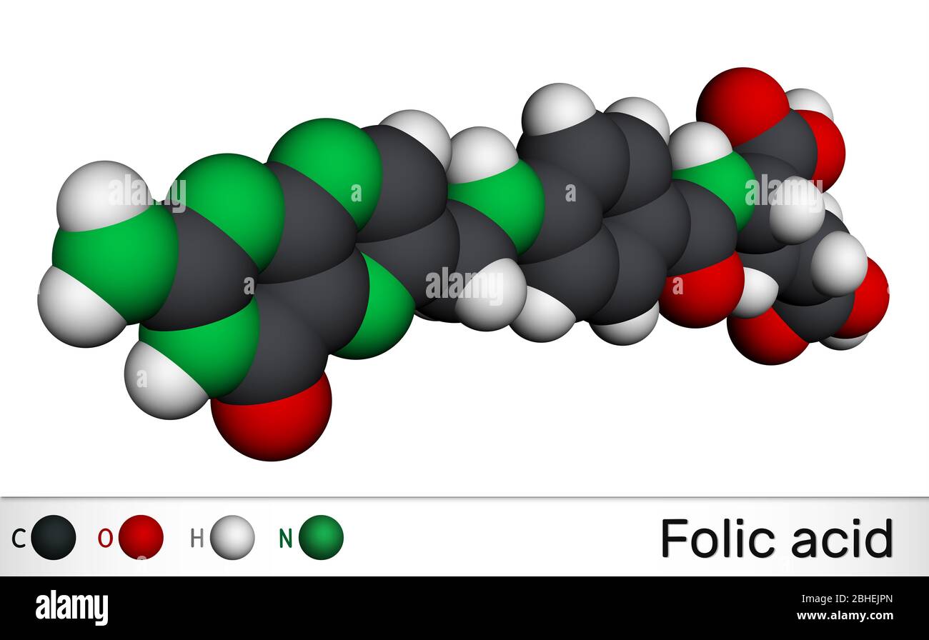 Folic acid, folate molecule. It is known as vitamin B9. Molecular model ...