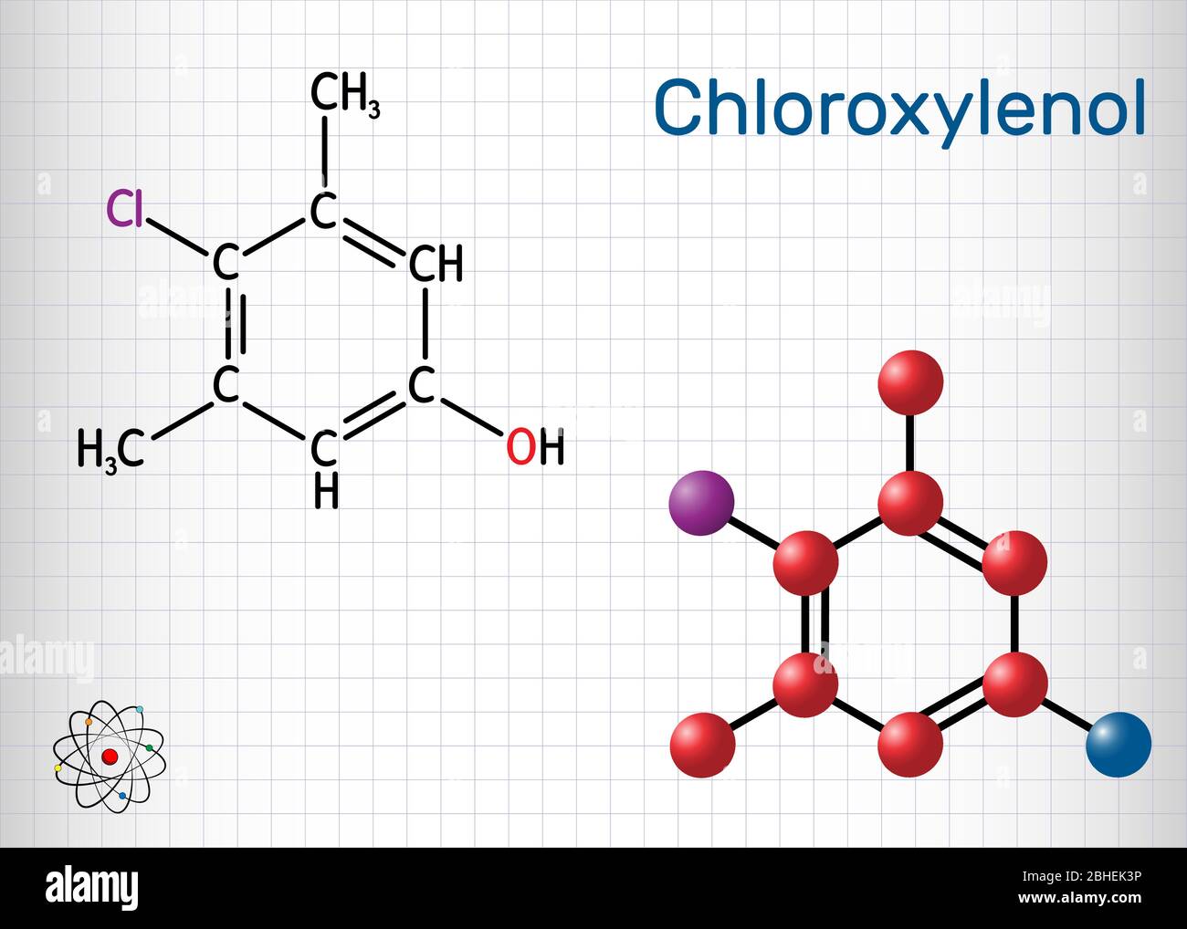 Chloroxylenol, C8H9ClO PCMX molecule. It is an antiseptic and ...