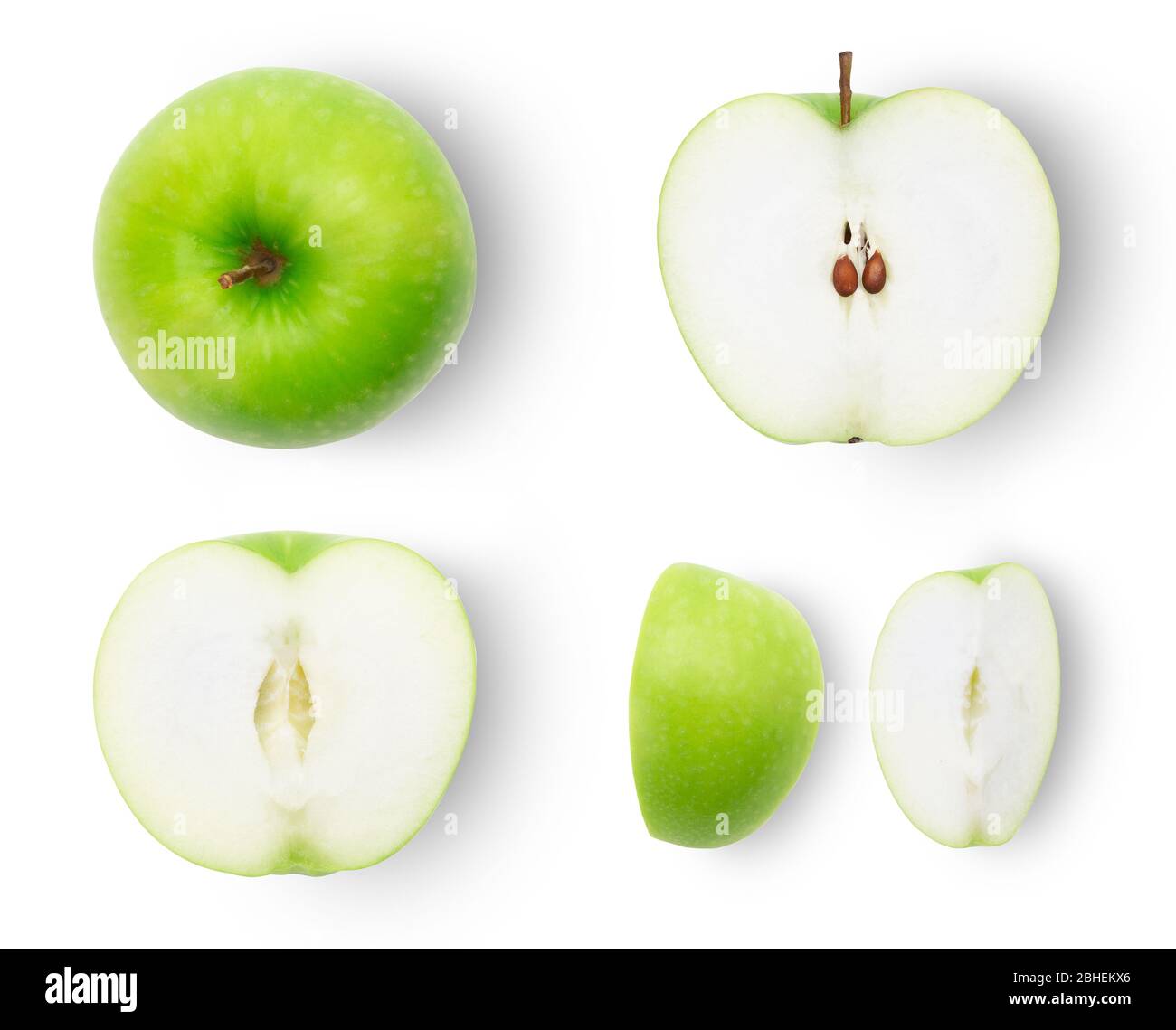 Set of ripe whole and half and slice green apples isolated on white ...