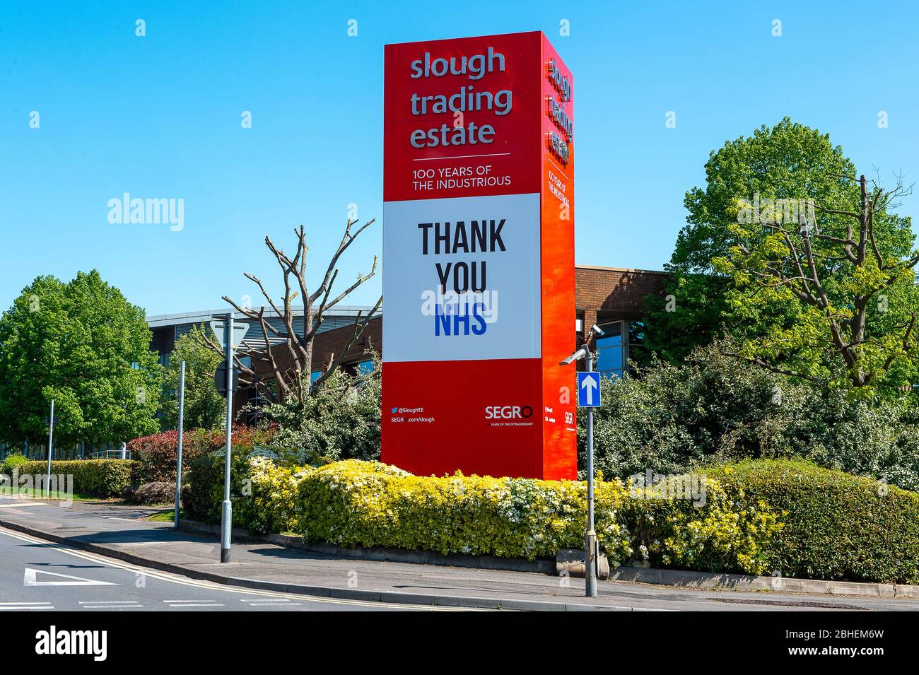 Slough, Berkshire, UK. 25th April, 2020. Large 'Thank you NHS' signs ...