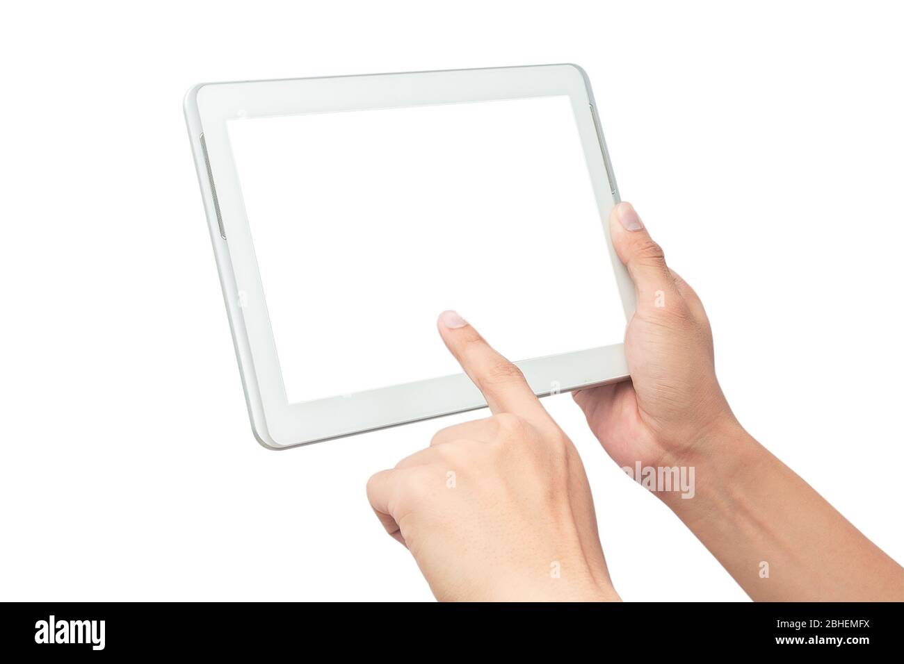 Male hand holding the white tablet pc computer and touching with blank ...