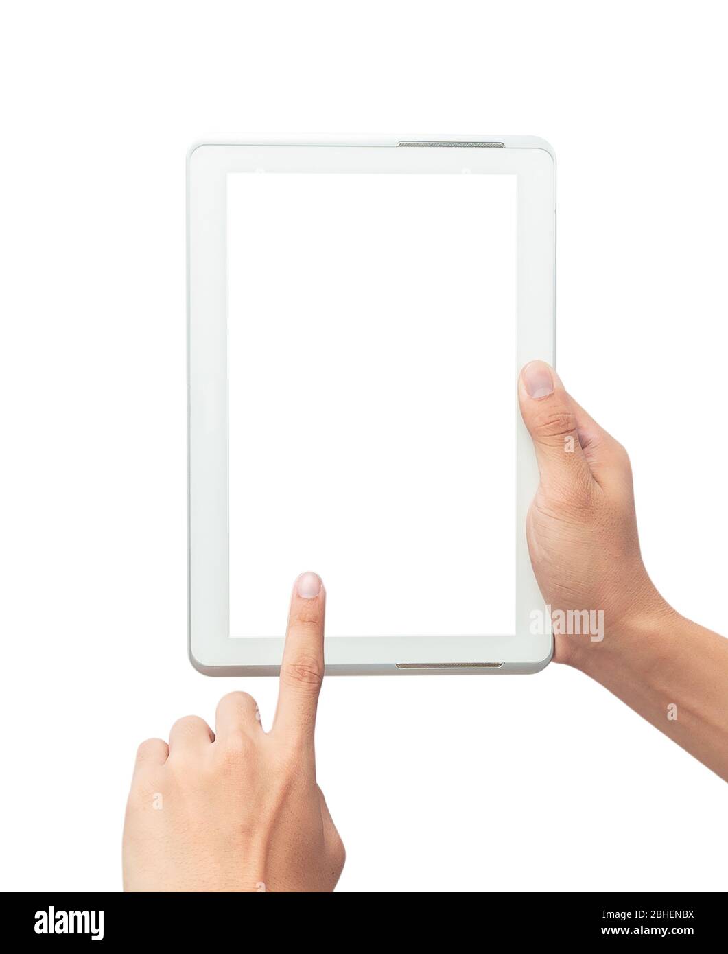 Male hand holding the white tablet pc computer and touching with blank ...