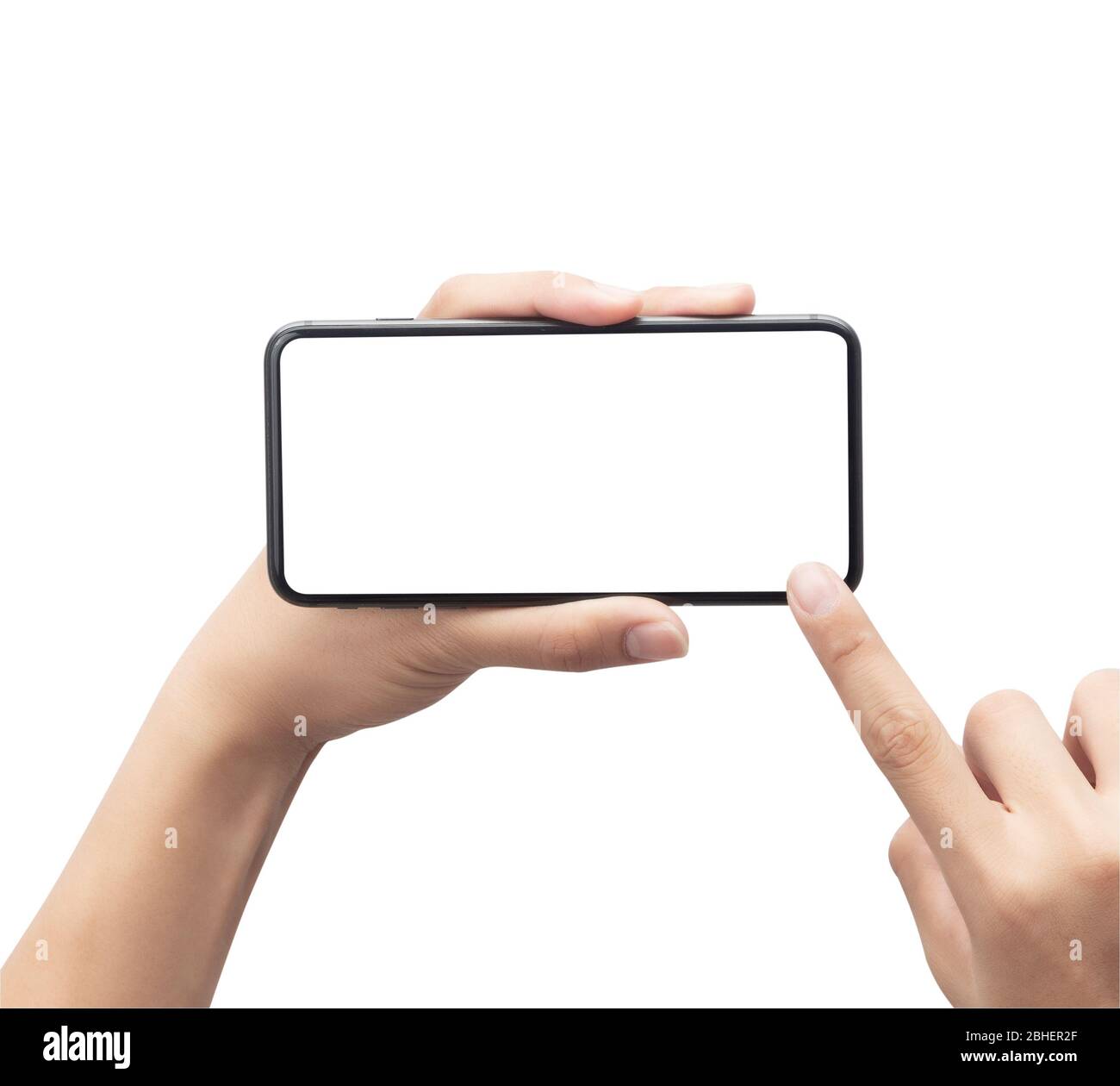 Male hand holding the black smartphone and touching on blank screen ...