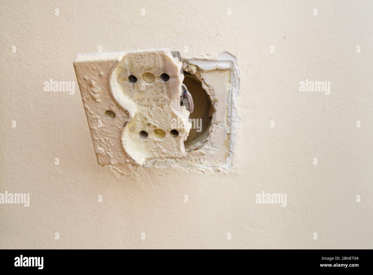 Old and damaged european power socket on the wall Stock Photo - Alamy