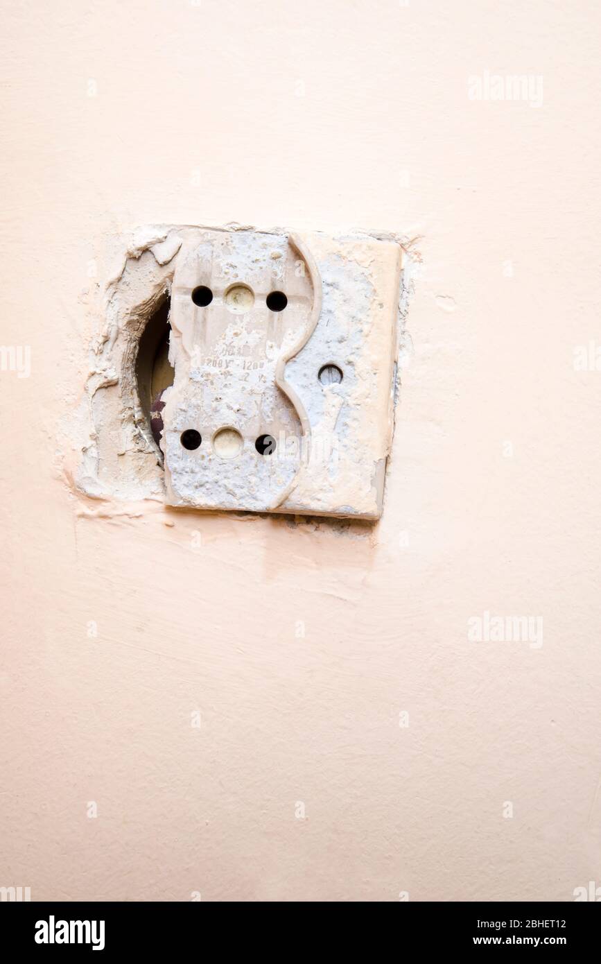 Old and broken electrical socket on the wall Stock Photo - Alamy