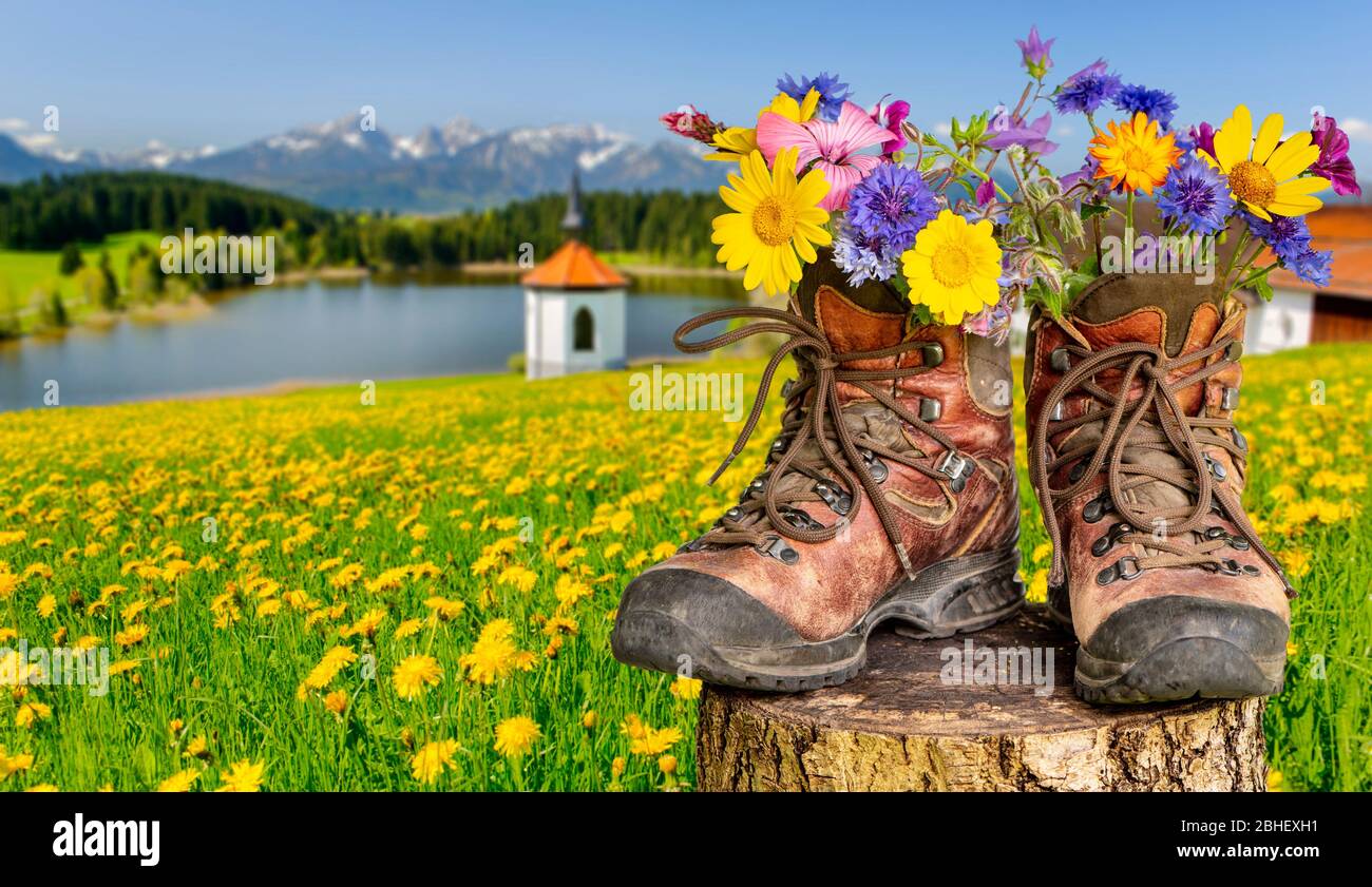Walking shoes with flowers in a beautiful landscape Stock Photo - Alamy