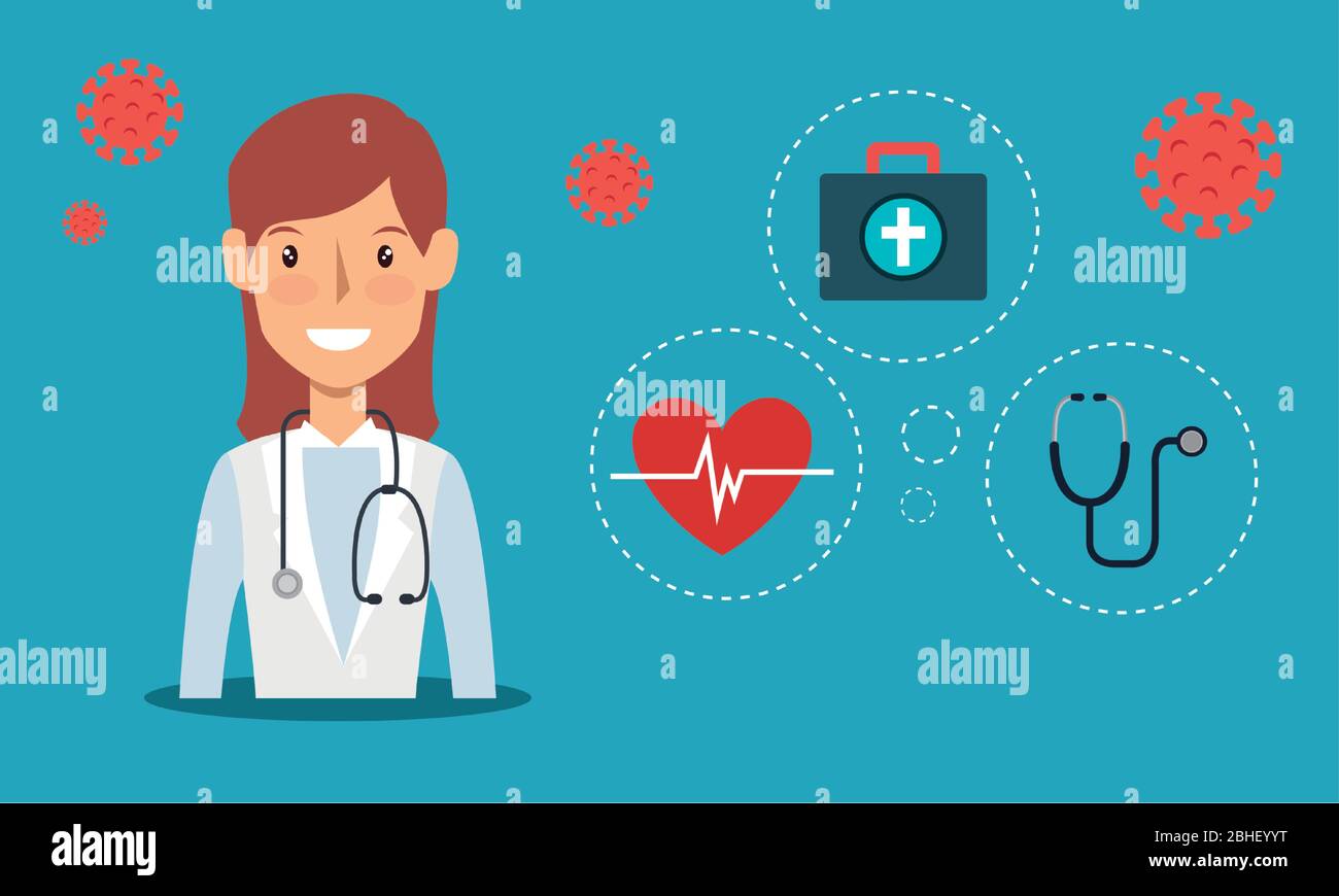 doctor female with particles covid 19 and medical icons Stock Vector ...