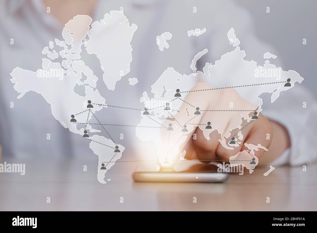 Global communications concept depicted on a world map. Close up Stock ...