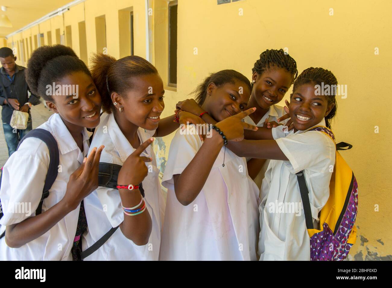 Street scene with teenage school girls in Benguela, Angola Stock Photo ...