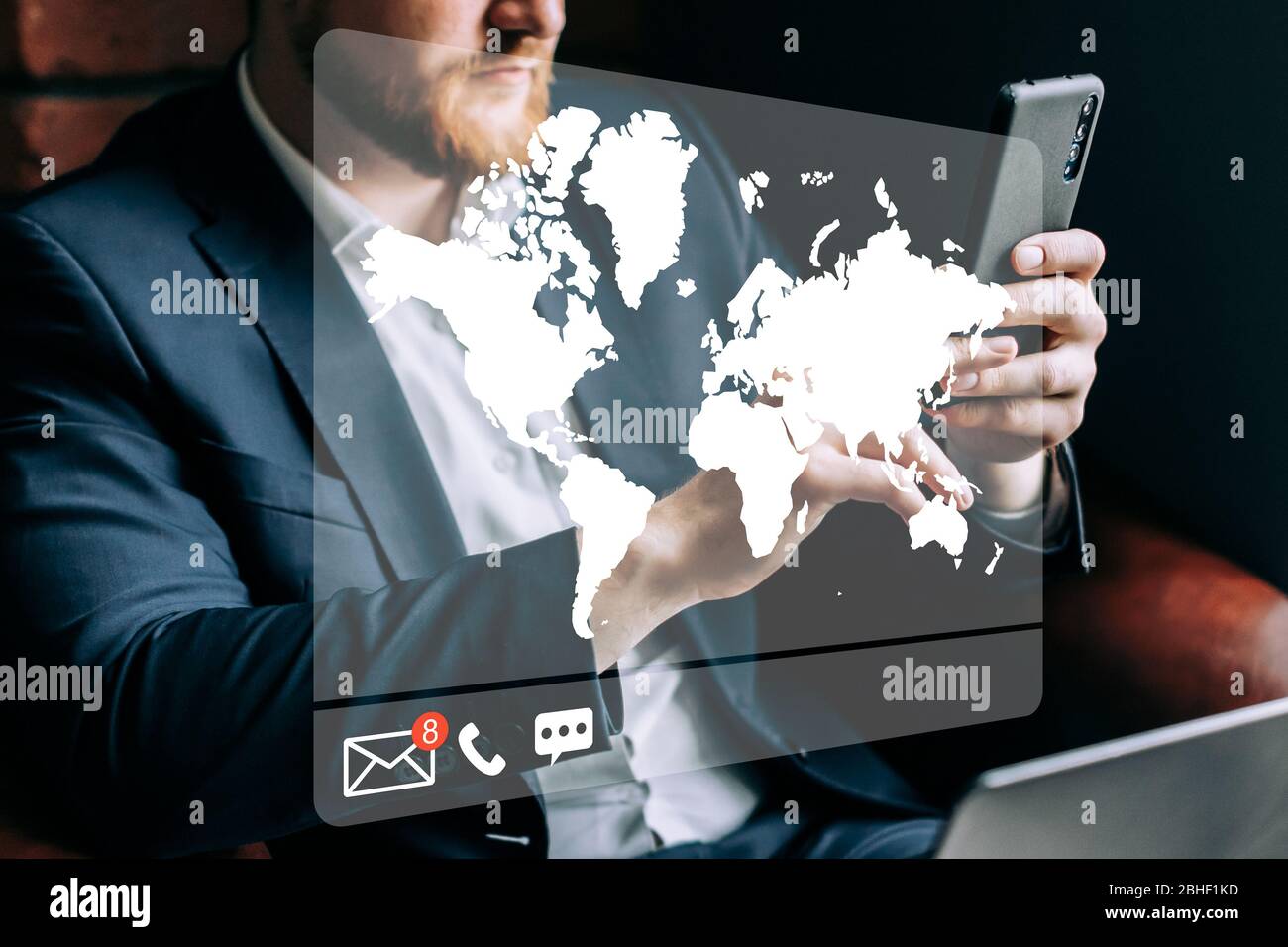 The concept of global business communication through mail, phone ...