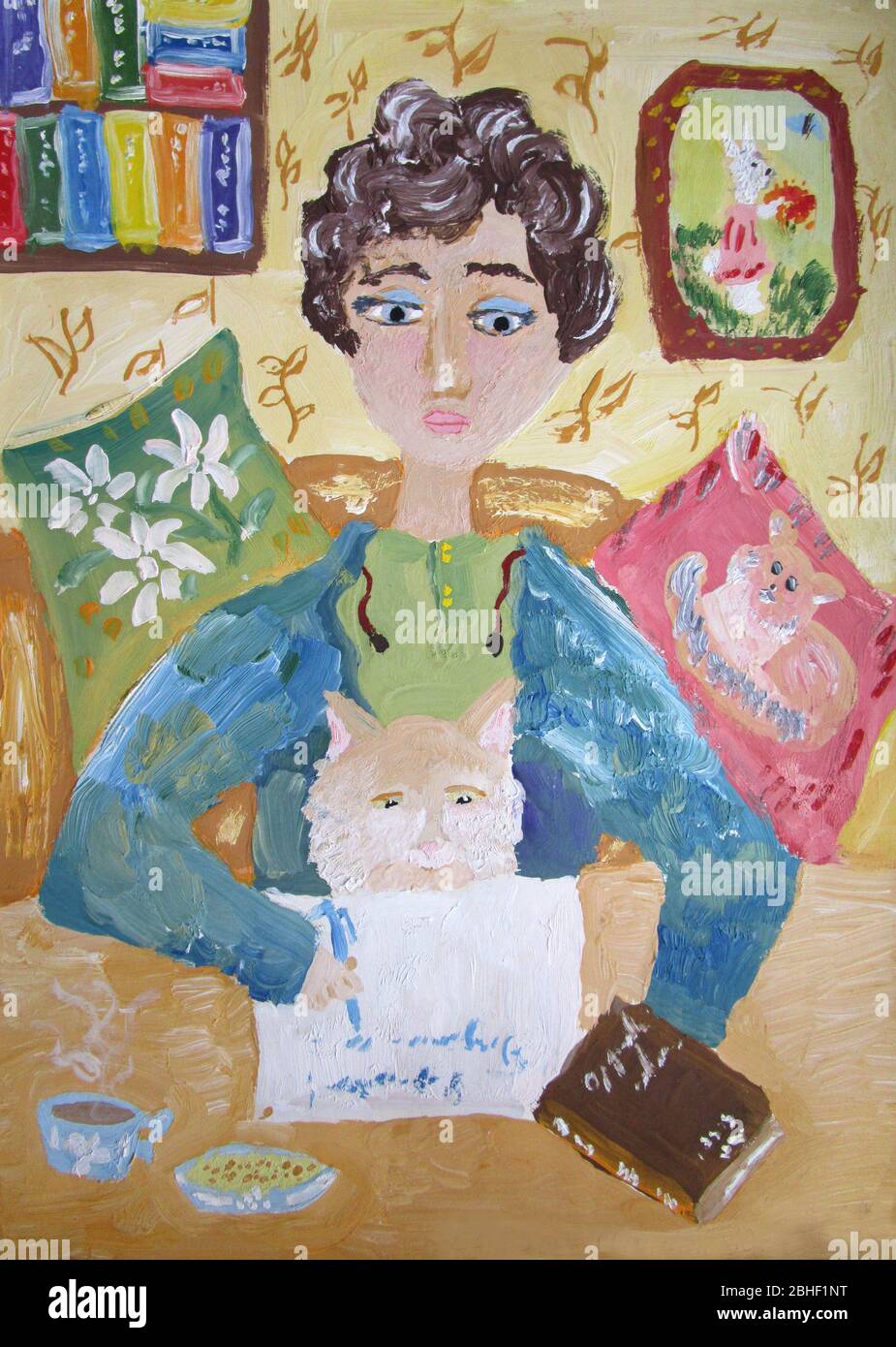 Mother's portrait writing a letter with a cat Stock Photo - Alamy