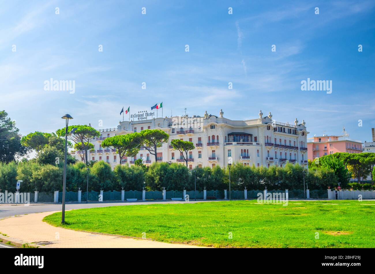 Rimini, Italy, September 19, 2018: Grand Hotel and square with green ...