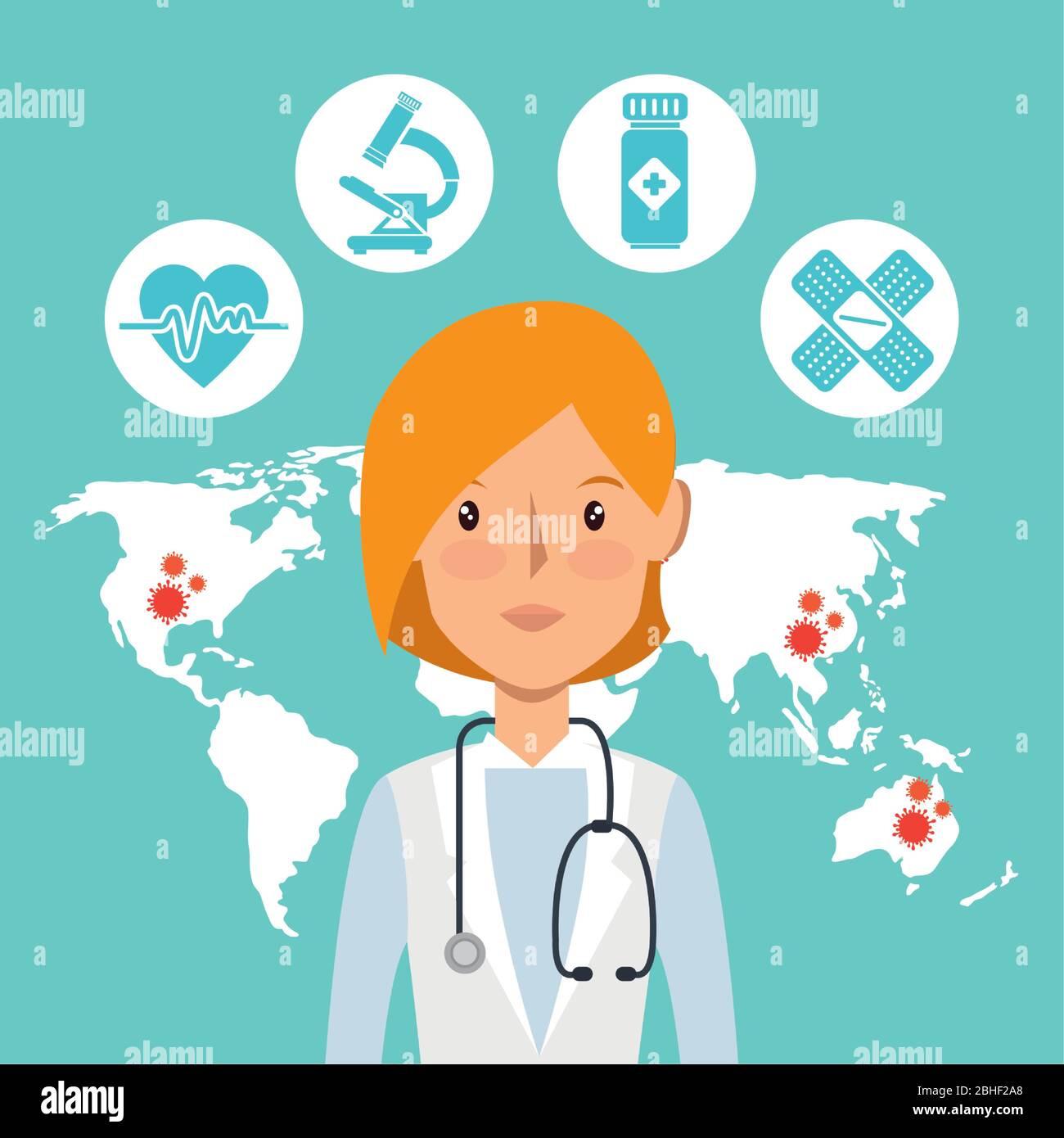 doctor female with particles covid 19 and medical icons Stock Vector ...