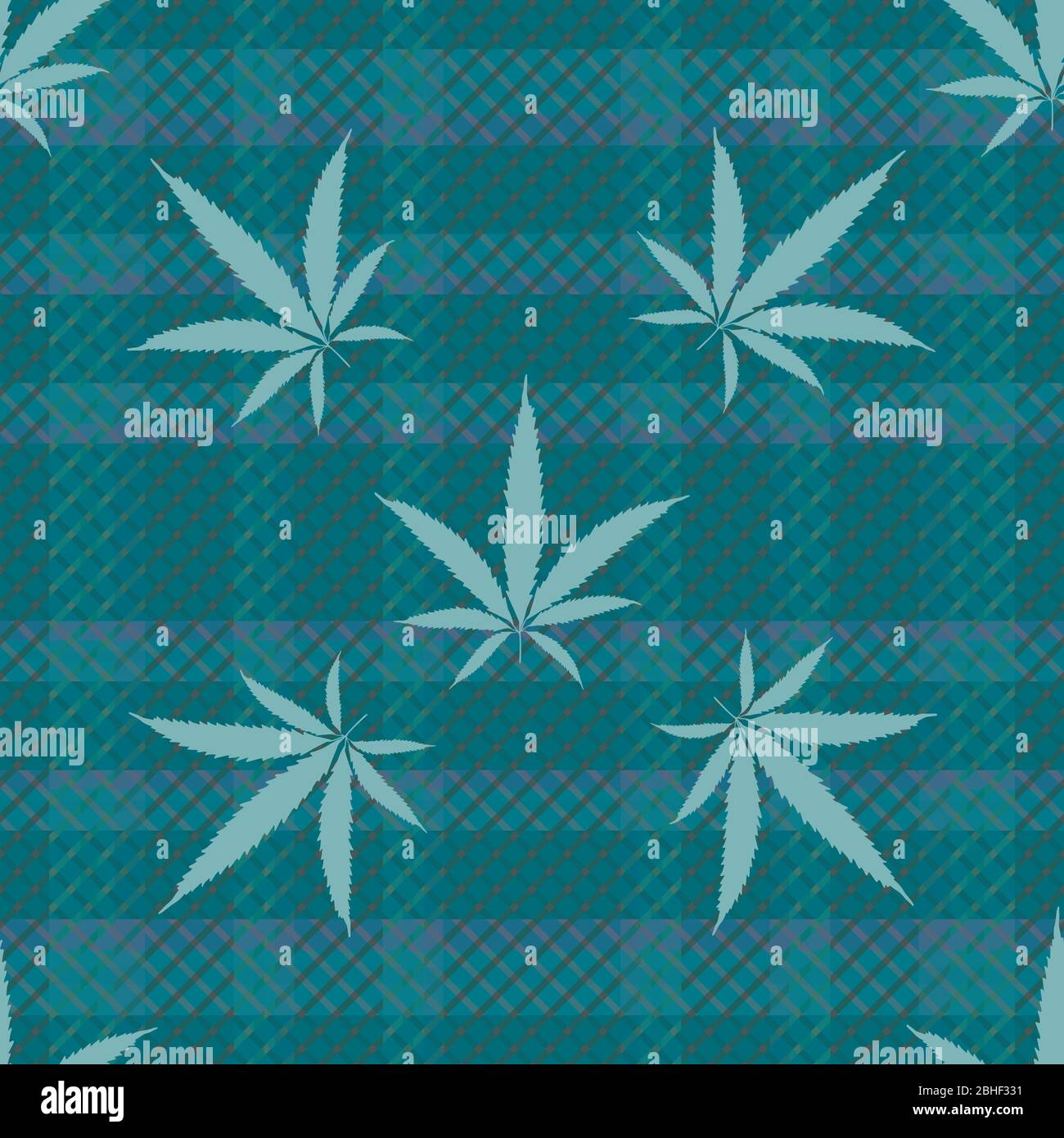 Cannabis leaves seamless vector pattern background. Monochrome teal ...