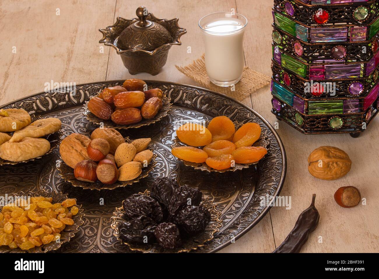 Ramadan Food Background - Wooden table with Arabian dates , dried ...