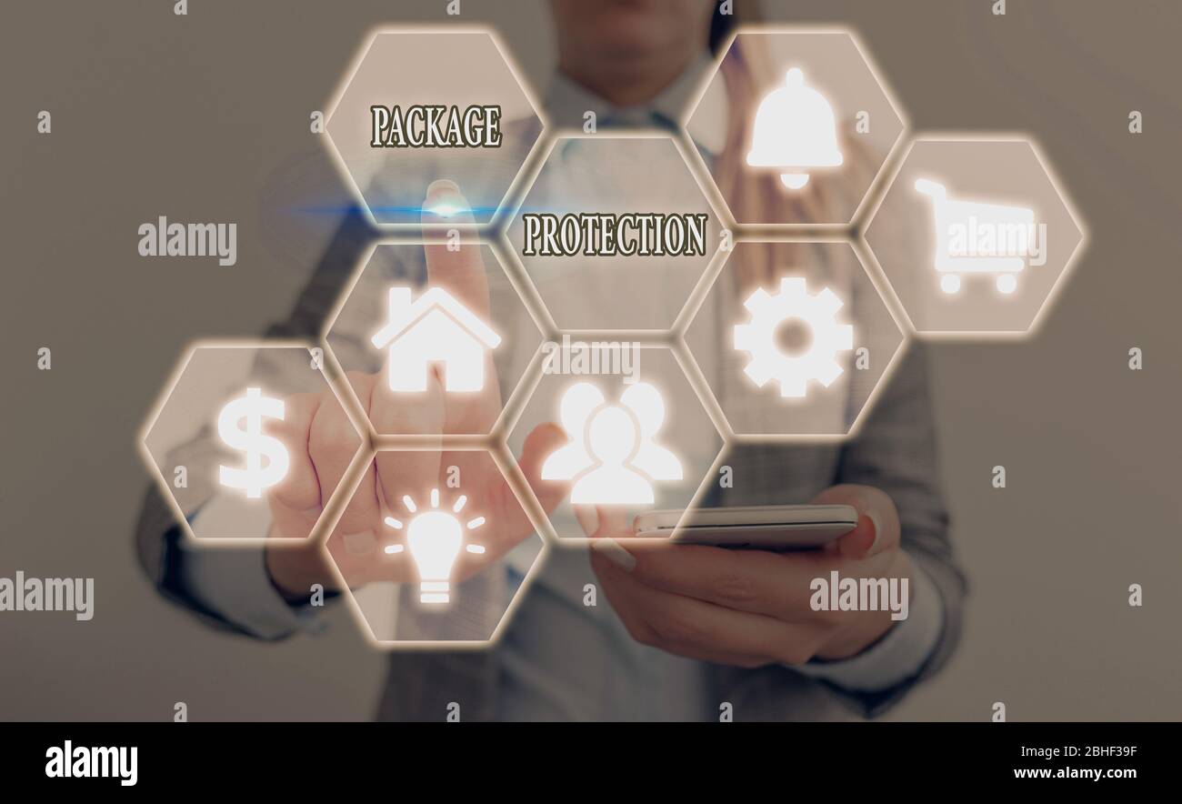 Writing note showing Package Protection. Business concept for Wrapping ...