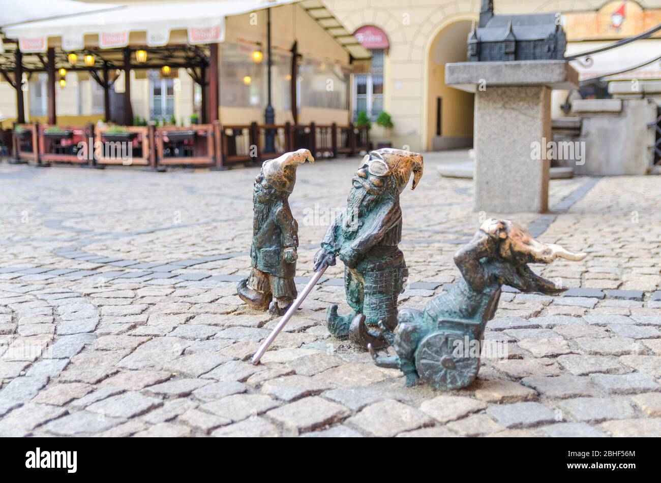 Wroclaw, Poland, May 7, 2019: three Dwarfs: deaf, blind with a stick ...
