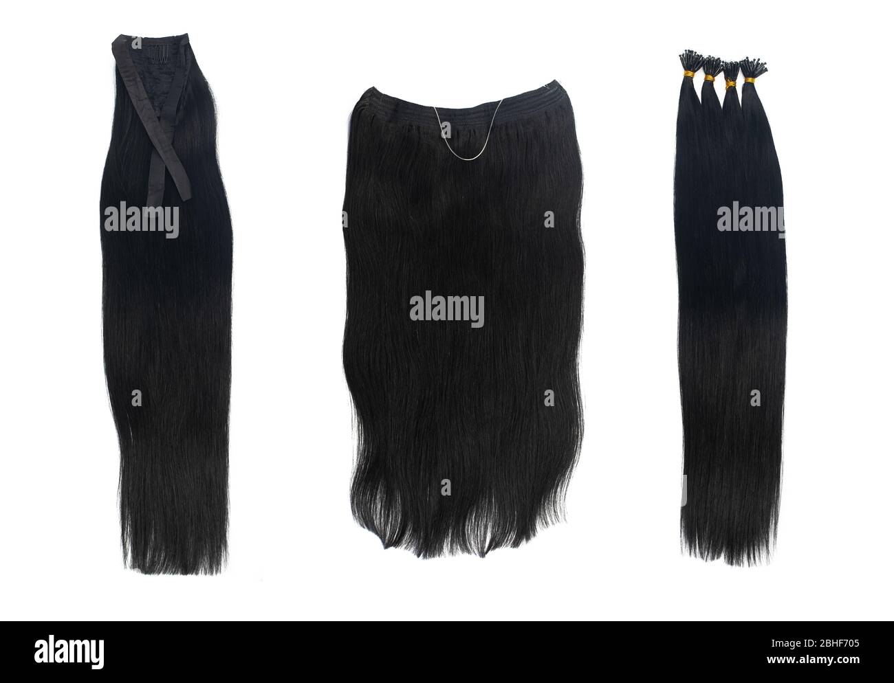 Set of 3 fake women black color hair extensions in tails, isolated on ...