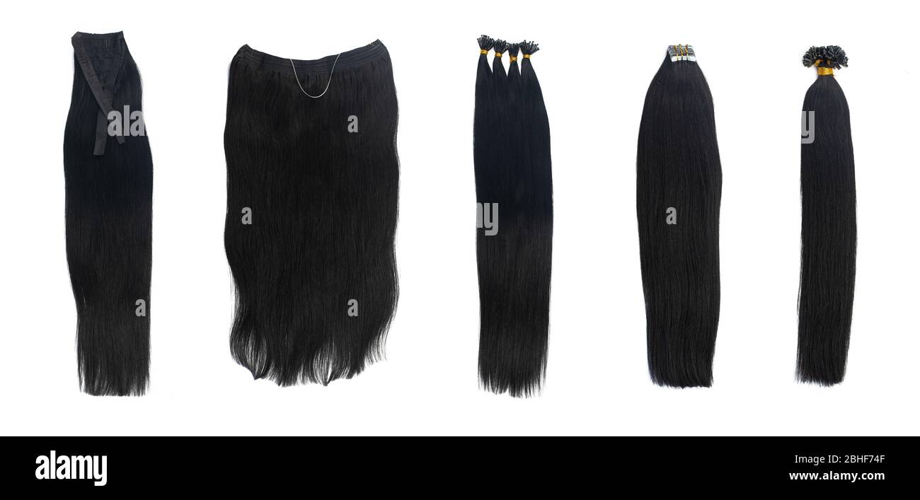 Set of multiple fake women black color hair extensions in tails ...