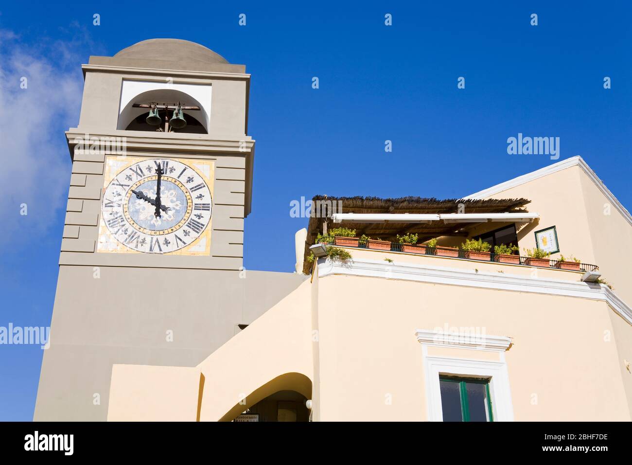 Clock tower in Piazza Umberto, Capri Town, Capri Island, Bay of Naples ...