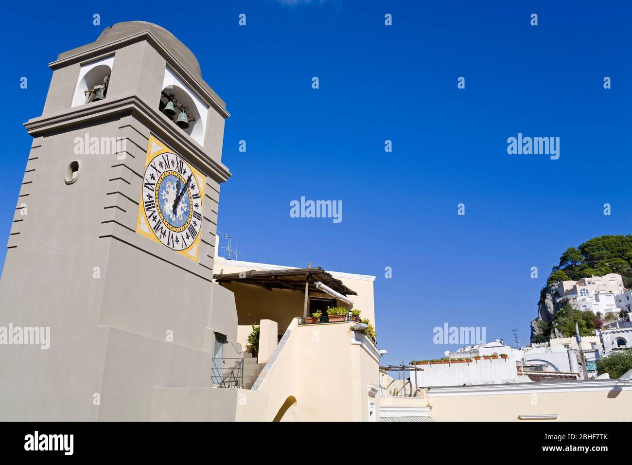 Clock tower in Piazza Umberto, Capri Town, Capri Island, Bay of Naples ...