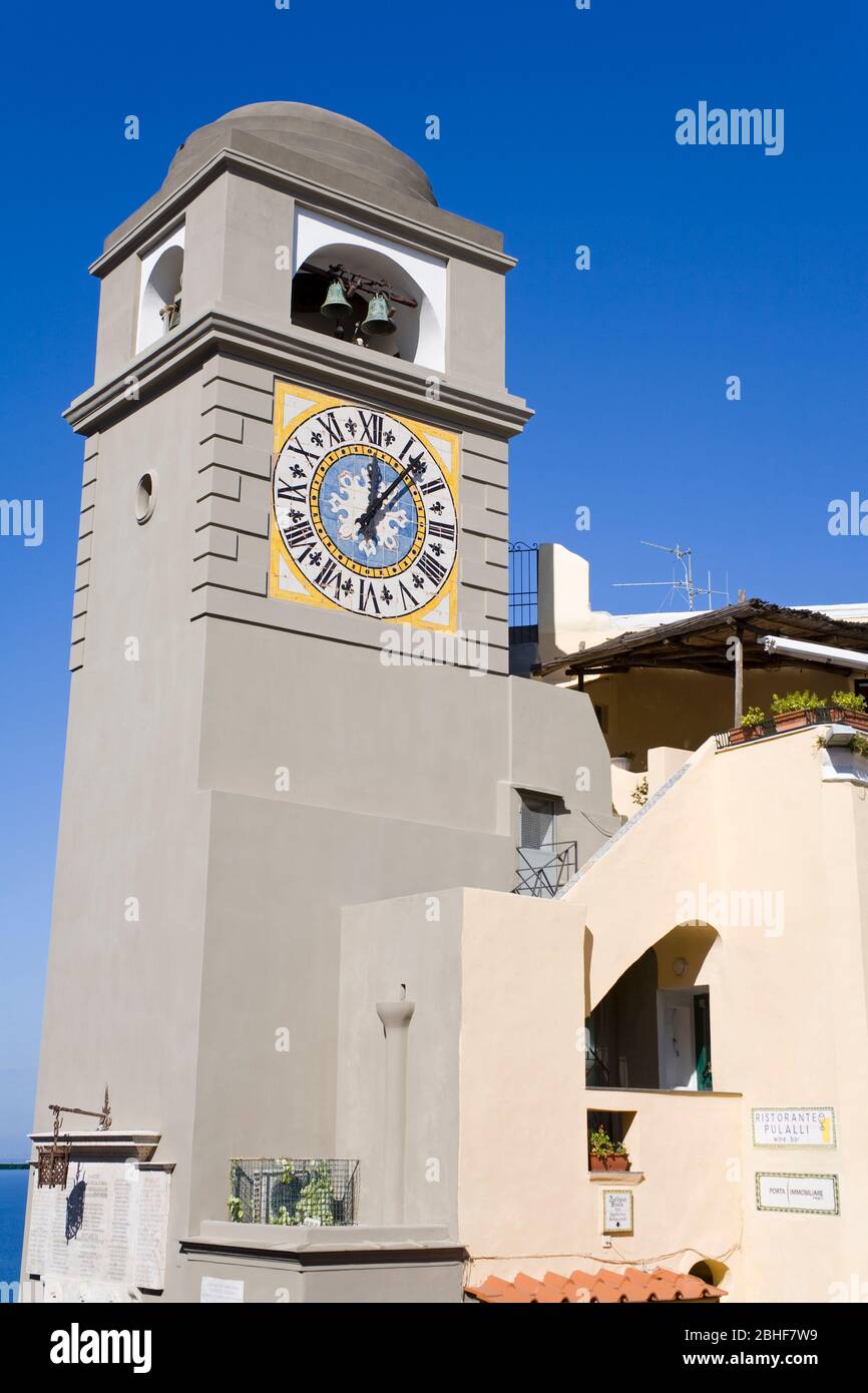 Clock tower in Piazza Umberto, Capri Town, Capri Island, Bay of Naples ...