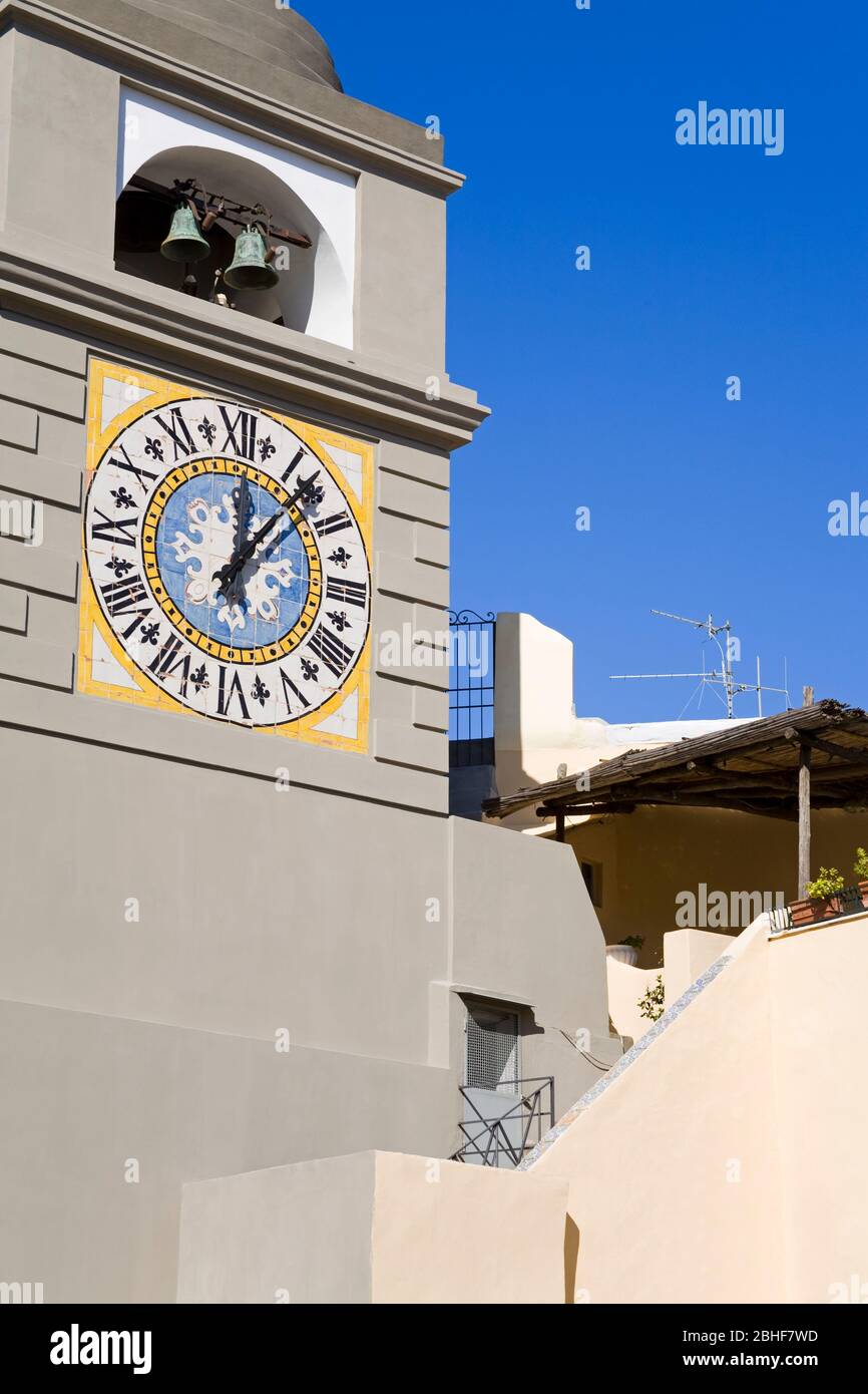 Clock tower in Piazza Umberto, Capri Town, Capri Island, Bay of Naples ...