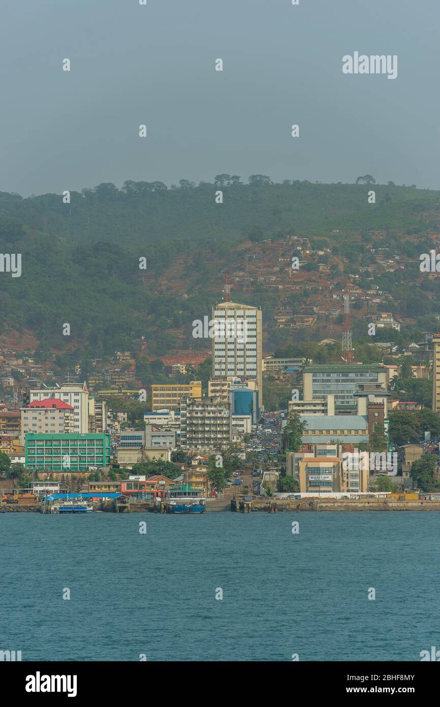 View from sea of the center of Freetown, the capital city of Sierra ...
