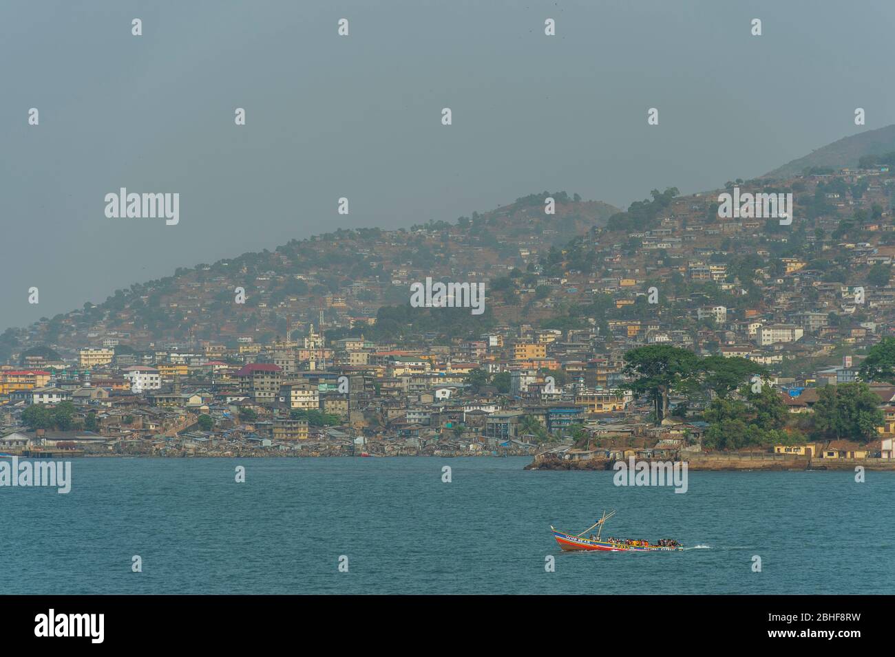 View from sea of Freetown, the capital city of Sierra Leone with small ...