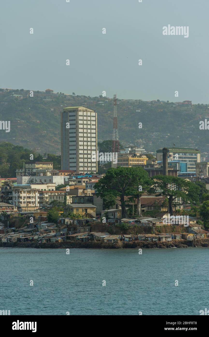 View from sea of the center of Freetown, the capital city of Sierra ...