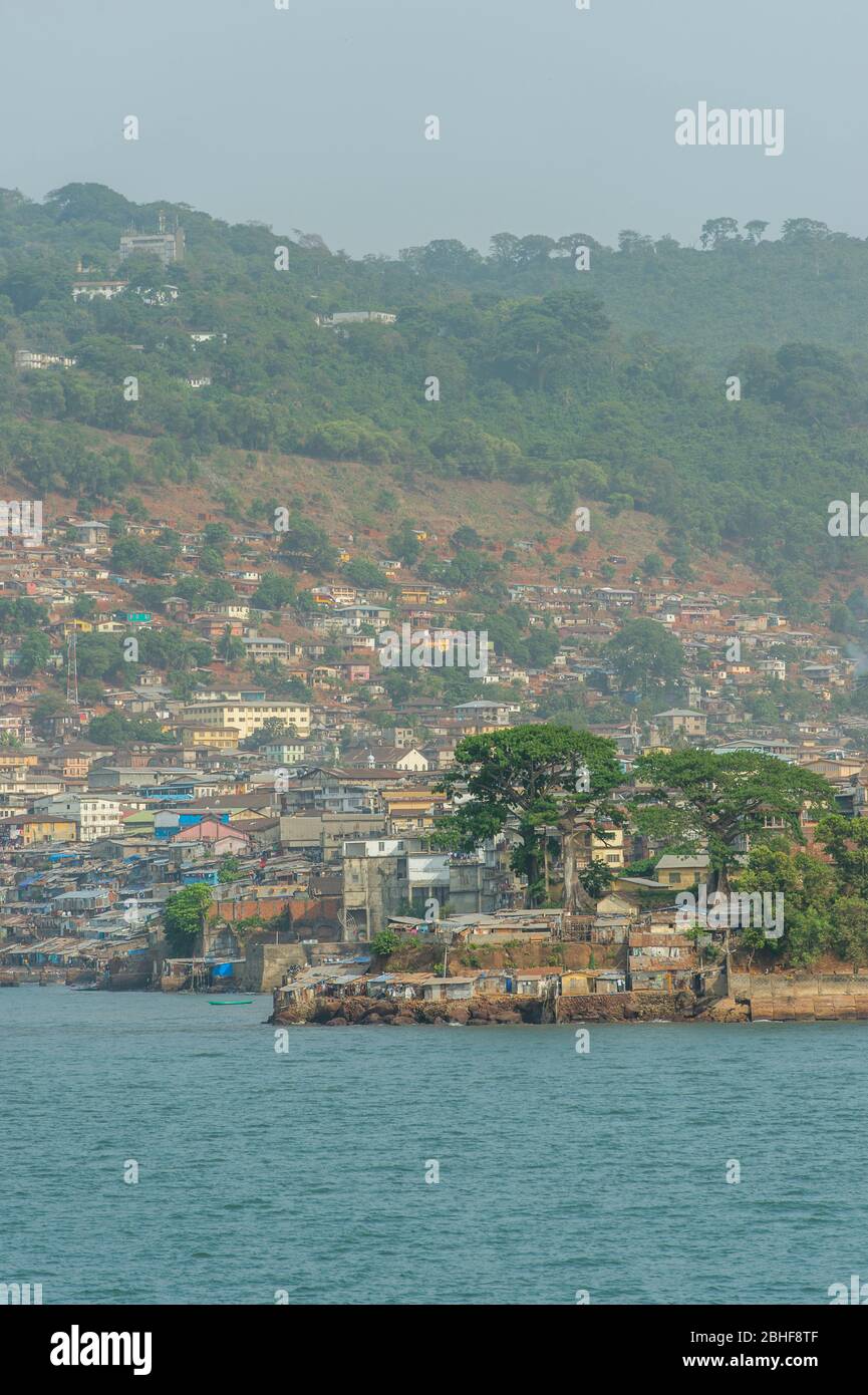 View from sea of Freetown, the capital city of Sierra Leone with slums ...