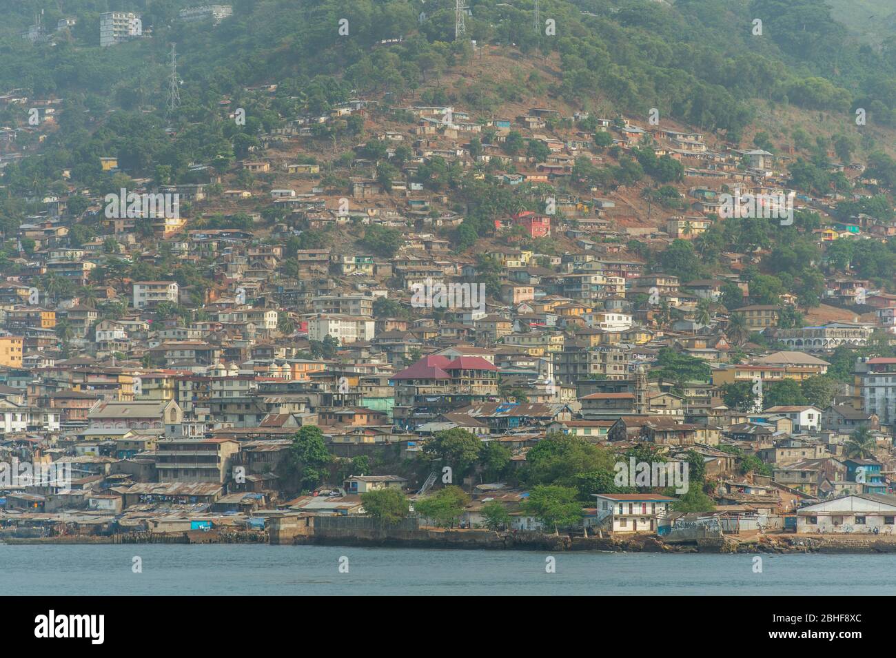View from sea of Freetown, the capital city of Sierra Leone with slums ...