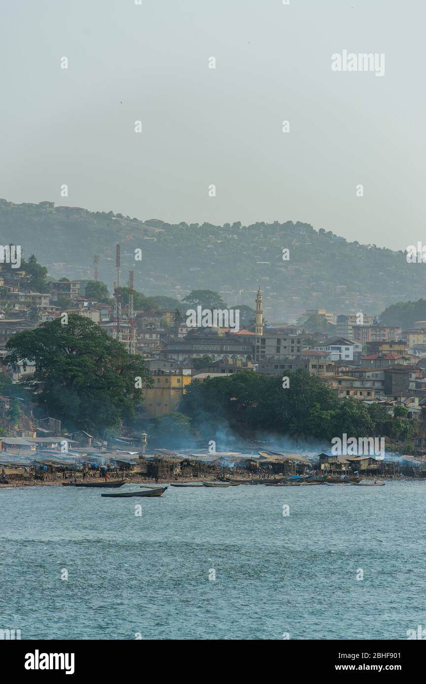View from sea of Freetown, the capital city of Sierra Leone with slums ...